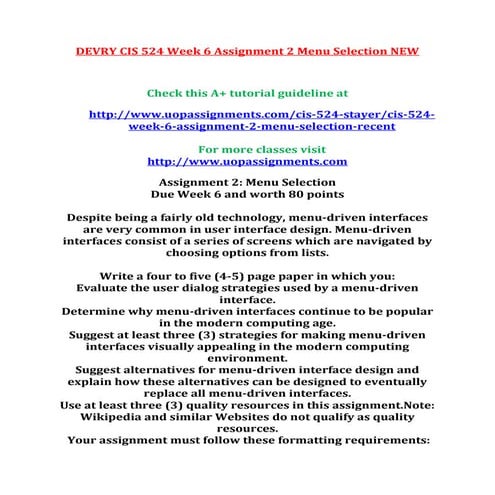 Strayer cis 524 week 6 assignment 2 menu selection new | PDF