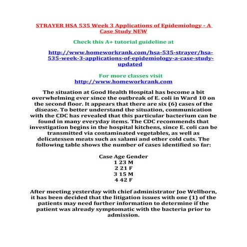 Assignment 1 Applications of Epidemiology – A Case Study Due W | DOCX