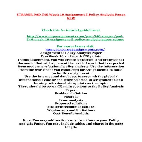 Strayer pad 540 week 10 assignment 5 policy analysis paper new | DOC | Political Issues & policy ...