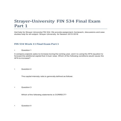 FIN 534 Final Exam Set 1 (4 Sets) | PDF