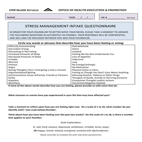Stress intake questionnaire | PDF