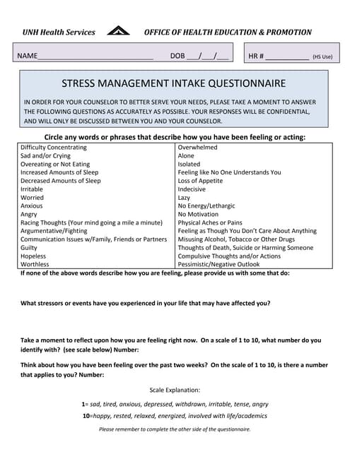 Research Questionnaire, stress tool | XLSX