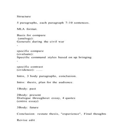 Structure5 paragraphs, each paragraph 7-10 sentences.MLA for | PDF