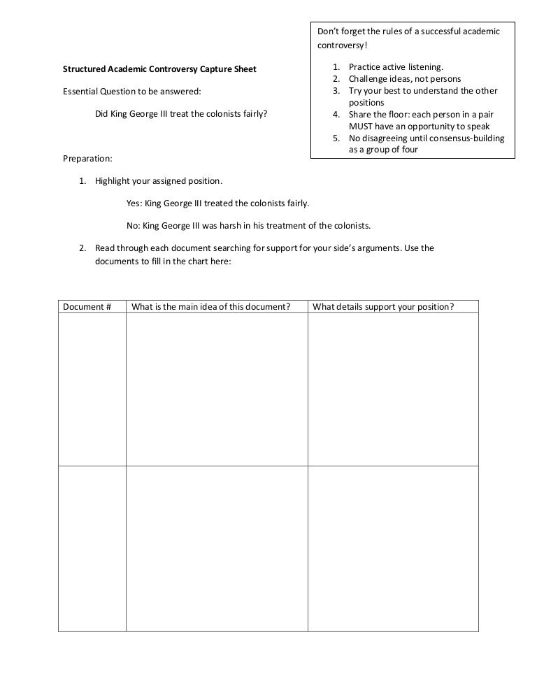 Structured academic controversy capture sheet king george