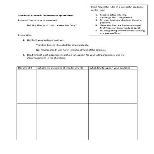 Structured academic controversy capture sheet king george | DOCX