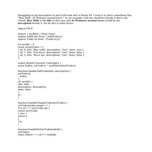 Struggling to get description to post with task title in React JS- I w.docx