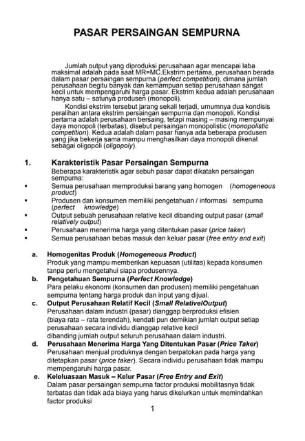 Pasar Persaingan Sempurna (Ekonomi Mikro) | PPTX