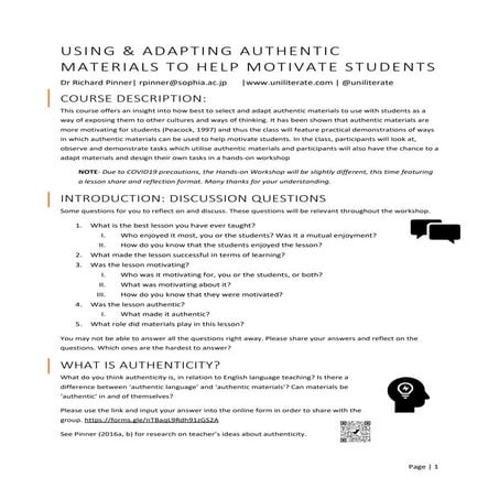 Using & Adapting Authentic Materials To Help Motivate Students 2021 Handout | PDF