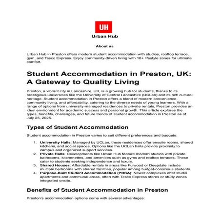 Student Accommodation in Preston | UrbanHub | PDF