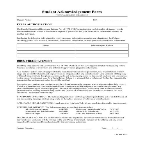 Student acknowledgement form | PDF