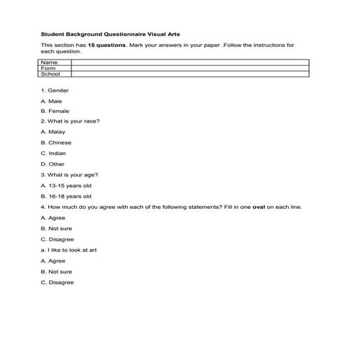 Student background questionnaire visual arts | DOCX