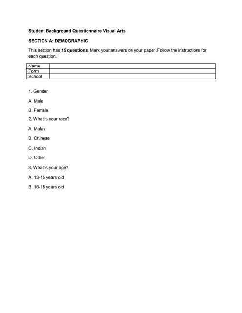 Student background questionnaire visual arts | PDF