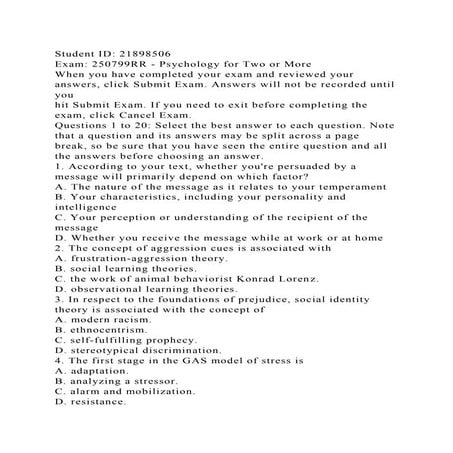 Student ID 21898506Exam 250799RR - Psychology for Two or MoreW.docx