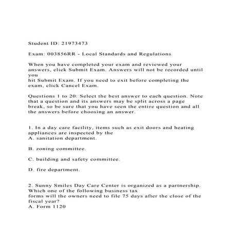 Student ID 21973473 Exam 003856RR - Local Standards and .docx | Daycare ...