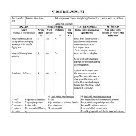 Student Risk Assessment Form | DOC | Video Production | Content Production
