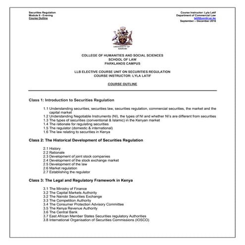 Securities Regulation Course Outline | PDF