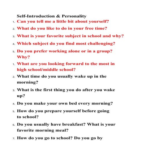 Comprehensive Self-Introduction and School Life Personality Questions ...