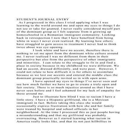 STUDENTS JOURNAL ENTRY As I progressed in this class I tried a.docx | Debated Sensitive Social ...