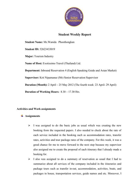 Student weekly report_7th | DOCX | Business Travel | Travel Type