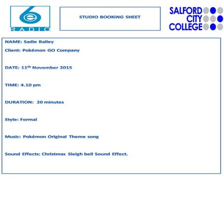 Studio booking sheet | DOCX