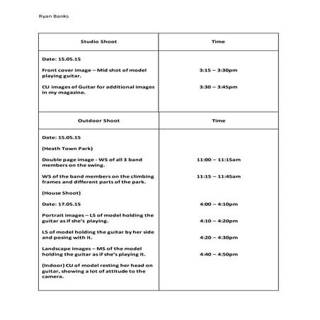 Studio shoot time table | DOCX