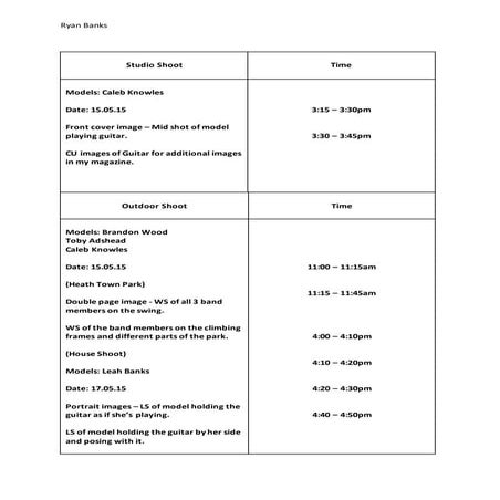 Studio shoot time table | DOCX