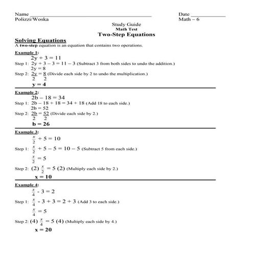 Study Guide For 2 Step Equations | PDF