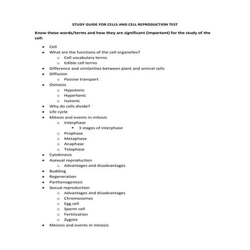 Study guide for cells and cell reproduction test | PDF