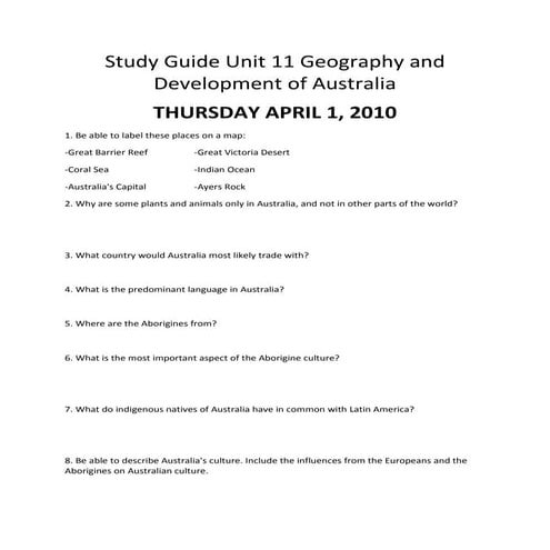 Study Guide Unit 11 Geography And Development Of Australia | DOCX ...