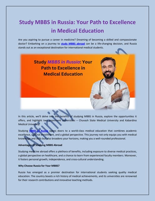 MBBS in Russia: A Pathway to Global Medical Education | PDF