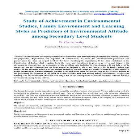 Study Of Achievement in Environmental Studies, Family Environment and ...