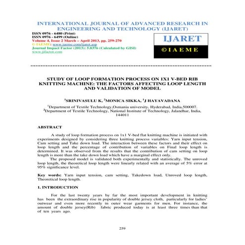 Study of loop formation process on 1 x1 v bed rib knitting machine | PDF