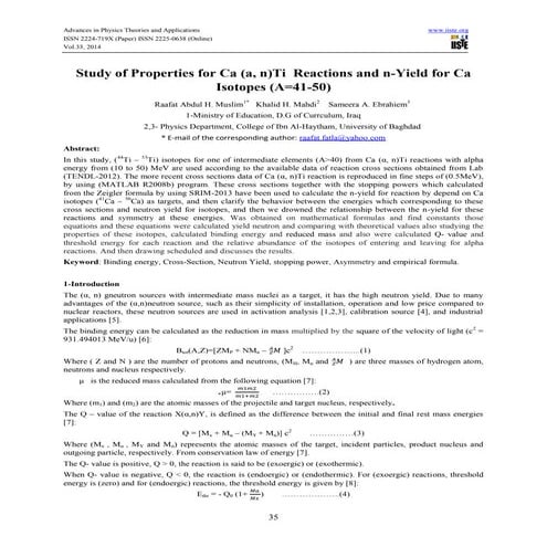 Study of properties for ca (a, n)ti reactions and n yield for ca isotopes (a=41-50) | PDF