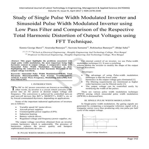 Study of single pulse width modulated inverter and sinusoidal pulse width modulated inverter ...