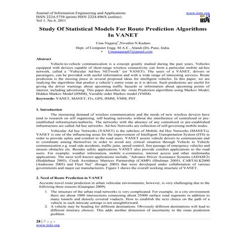 Study of statistical models for route prediction algorithms in vanet | PDF