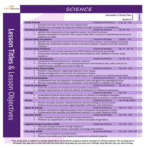 Study Planner SCIENCE - Semester 2 for EMG program grade 9 | PDF