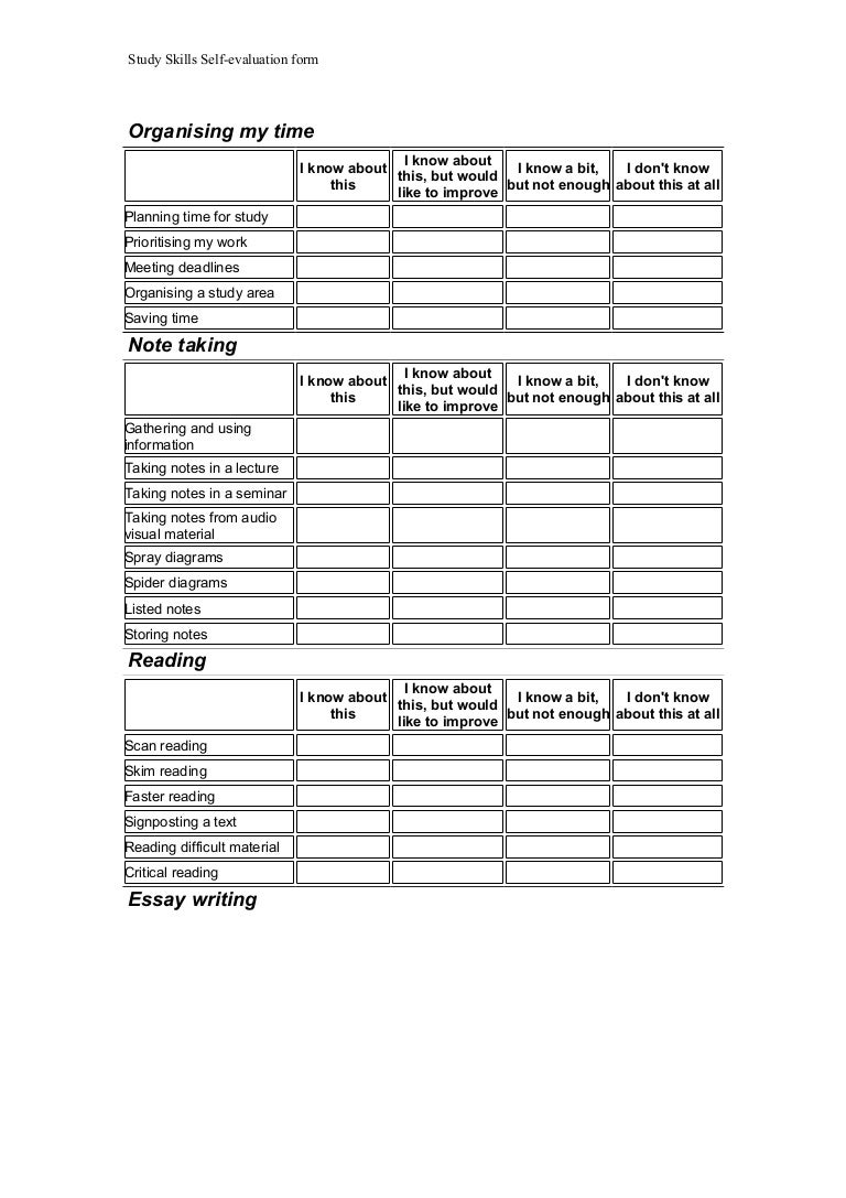 Study Skills Self Evaluation Form study-skills-self-evaluation-form