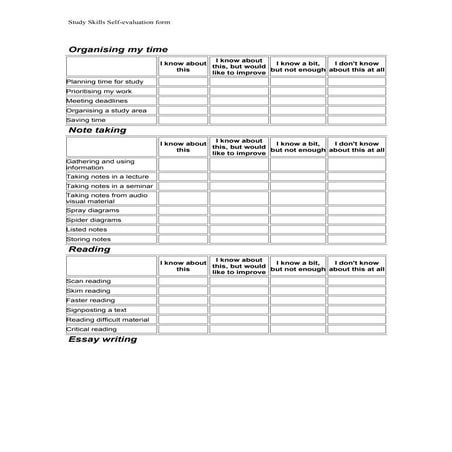 Study skills self evaluation form | DOC