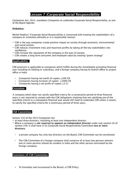 Corporate social responsibility in Companies ACT 2013 | PPTX