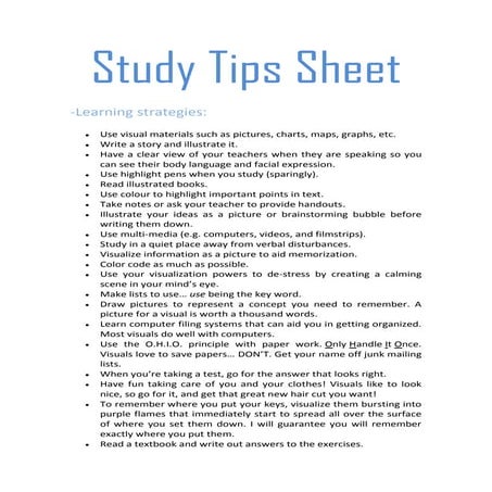 Study tips sheet | DOCX | Education