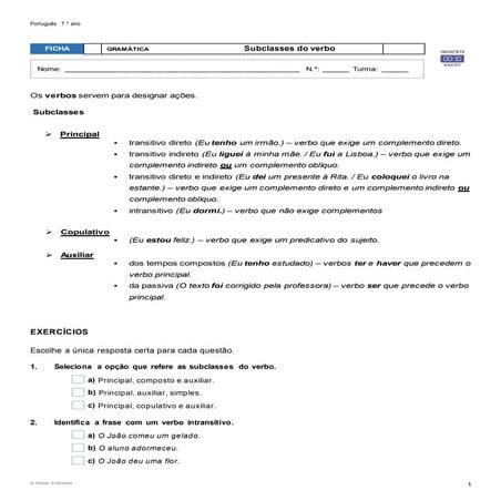 Subclasses dos verbos com exercícios | DOCX