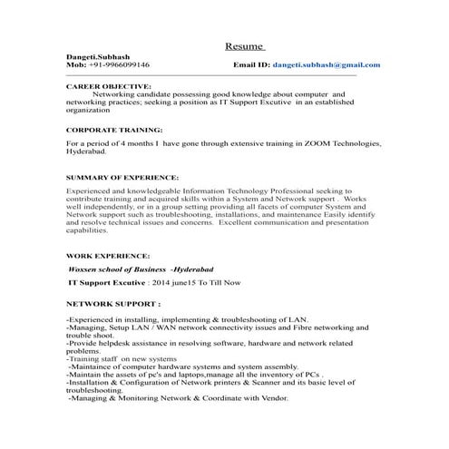 Subhash resume | DOC | IT and Internet Support | Internet
