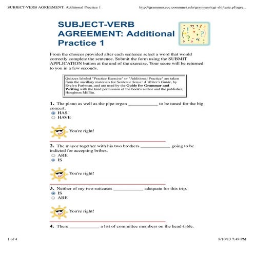 Subject verb agreement: additional practice 1 | PDF
