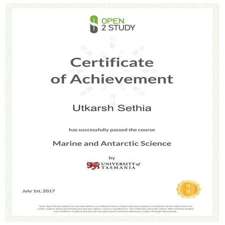 Certificate of Achievement - Marine and Antarctic Science | PDF