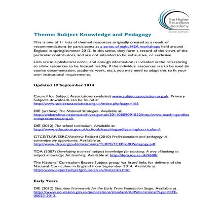 Subject Knowledge and Pedagogy Initial Teacher Education Resource List ...