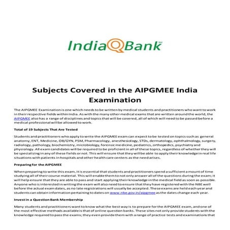 Subjects Covered in the AIPGMEE India Examination | DOCX | Educational ...