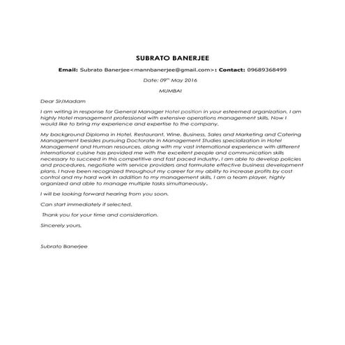 Subrato banerjee gm cover letter & cv | DOC