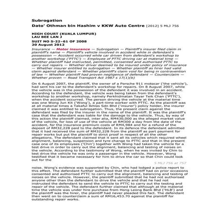 Subrogation othman bin hashim v kkw auto centre [2012] hc | DOC