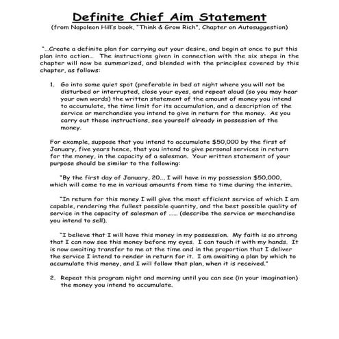Success Napoleon Hill - chief aim statement | PDF
