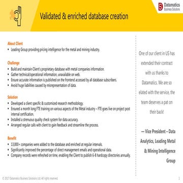Database Solutions : Validated & enriched database creation | PPT